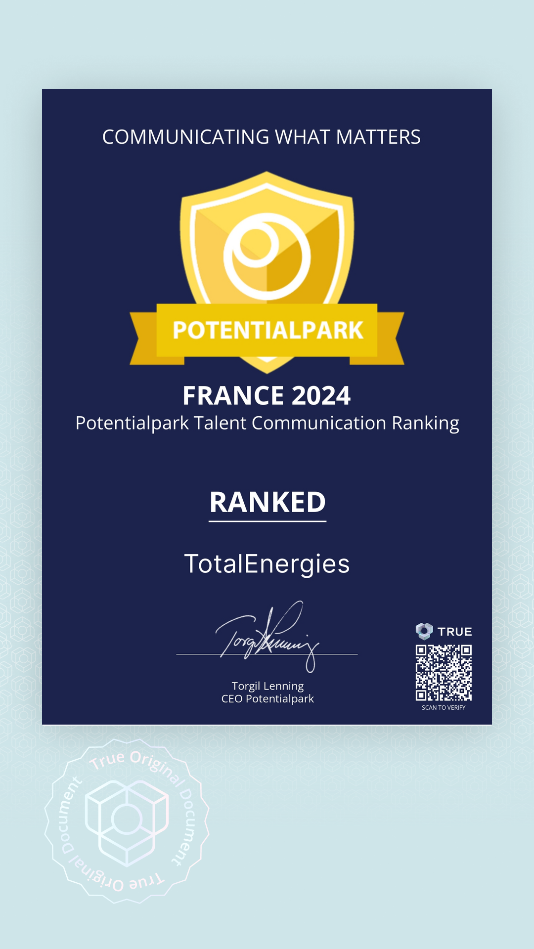 Potentialpark - Award issued to TotalEnergies by Potentialpark, a TRUE ...