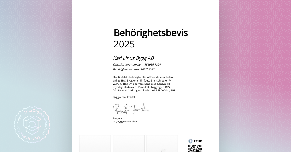 Byggkeramikrådet - Behörighetsbevis utfärdat till Karl Linus Bygg AB av ...